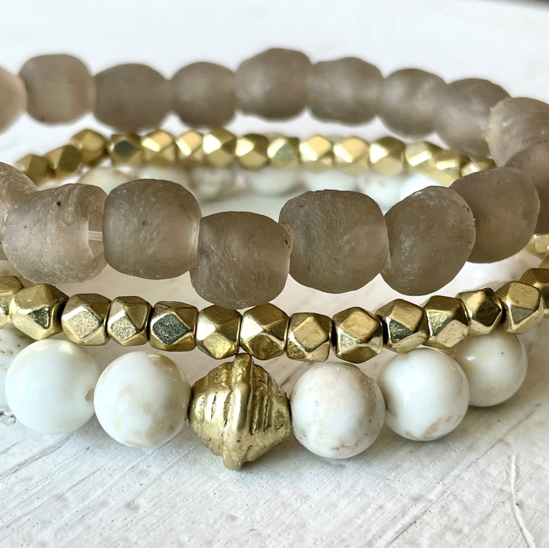 Beachy Neutral Bracelet Stack ~ Sandy Taupe Sea Glass, Gold, White and ...