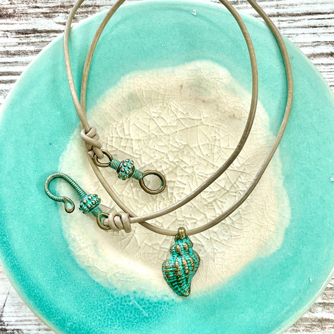 Beachy Leather Shell Choker Necklace ~ Patina Turquoise and Gold ...