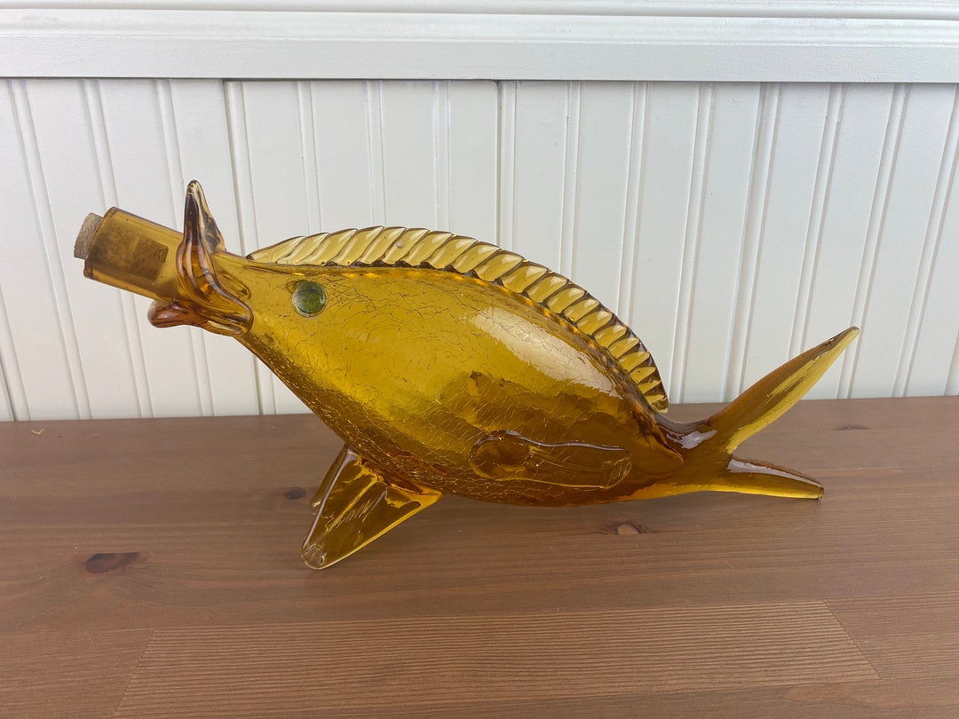 Mid-century Orvieto Wine Crackled Amber Glass Fish Decanter, Fish ...