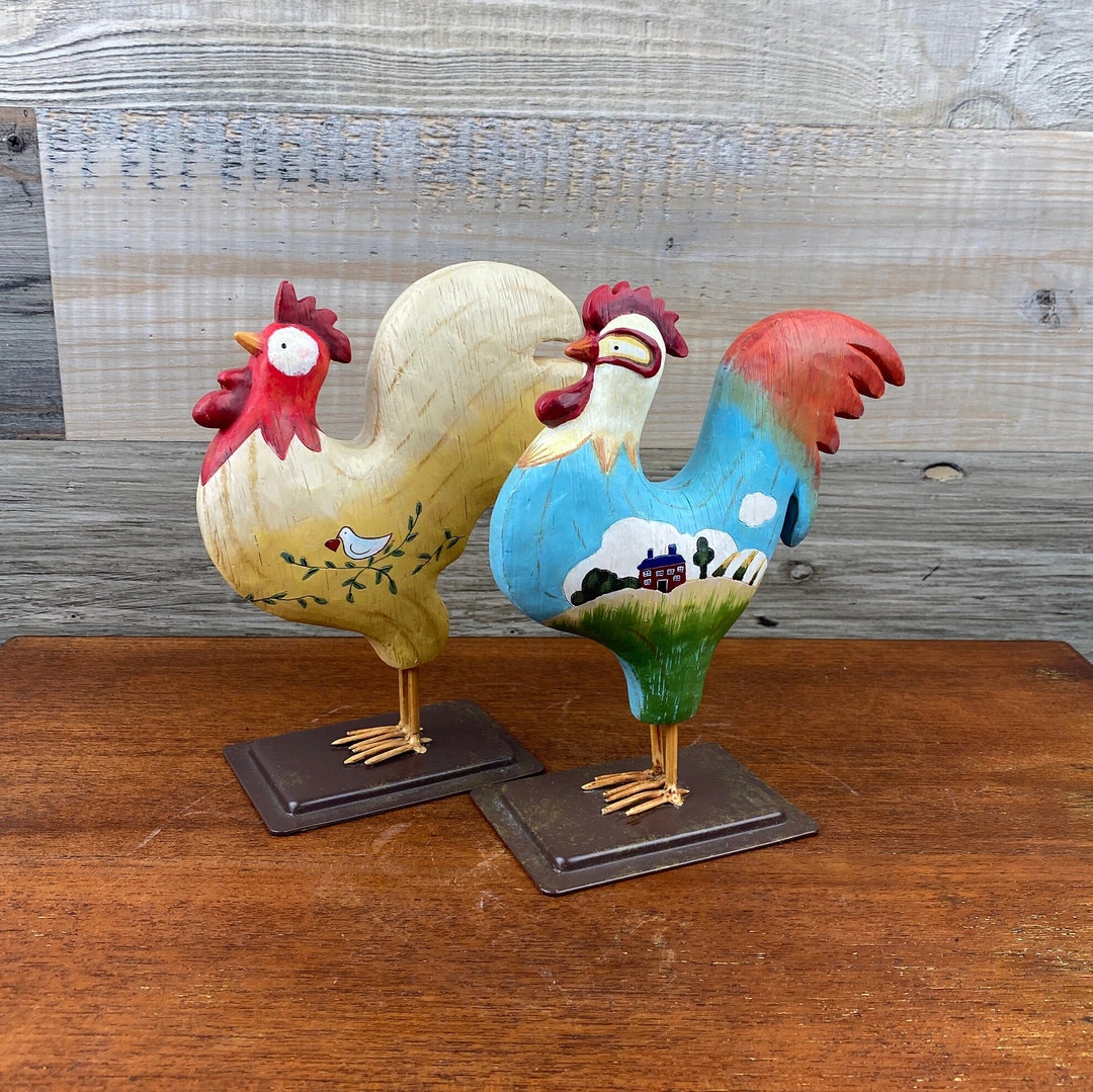 Farmhouse Set of 2 Russ Berrie Roosters Hand Painted, Shabby Chic Decor ...