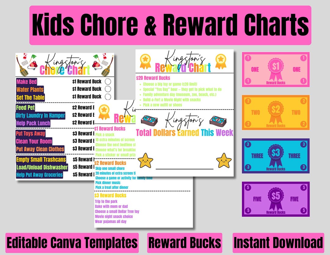 Editable Kids Chore Chart and Reward Menu (canva Template - Printable ...