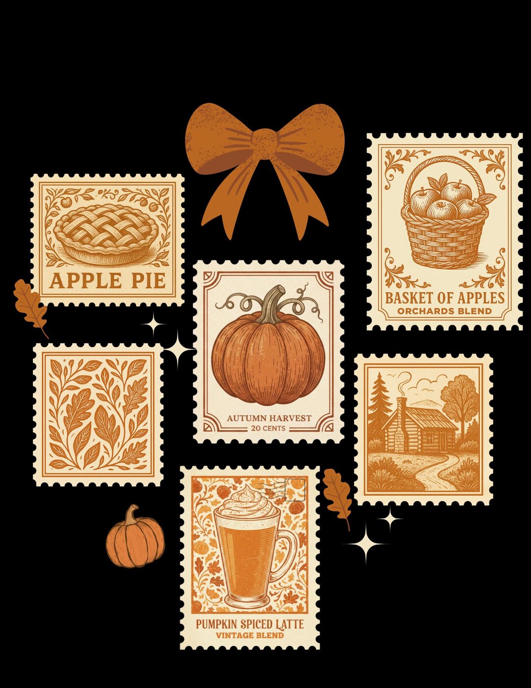 Fall Postage Stamp Clipart: Vintage Autumn Illustrations (digital ...