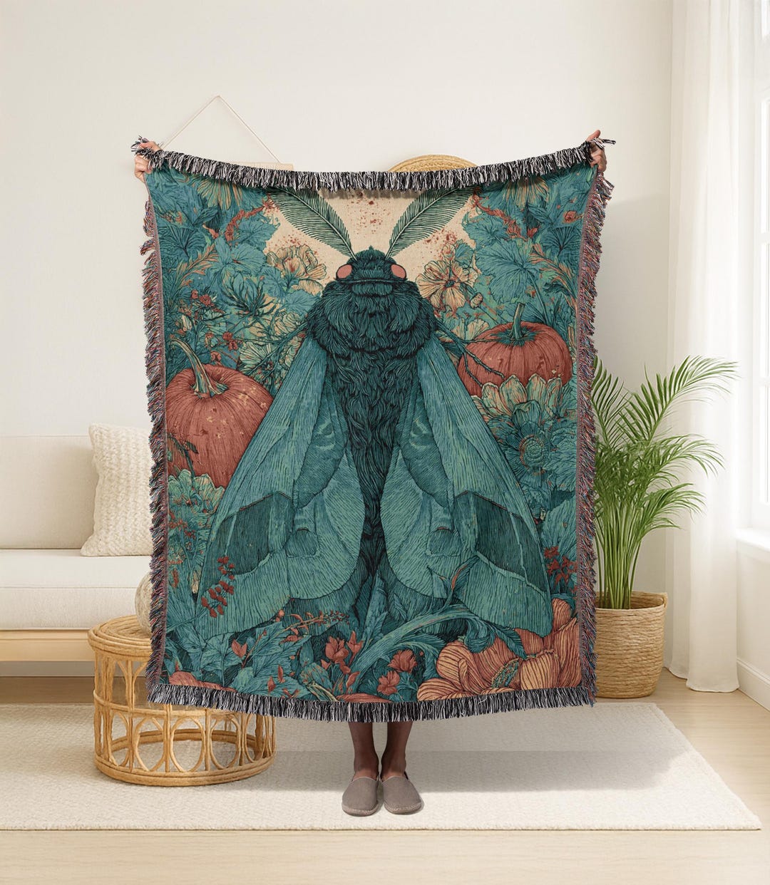 Halloween Mothman Woven Blanket Cryptid and Pumpkins Spooky Throw ...