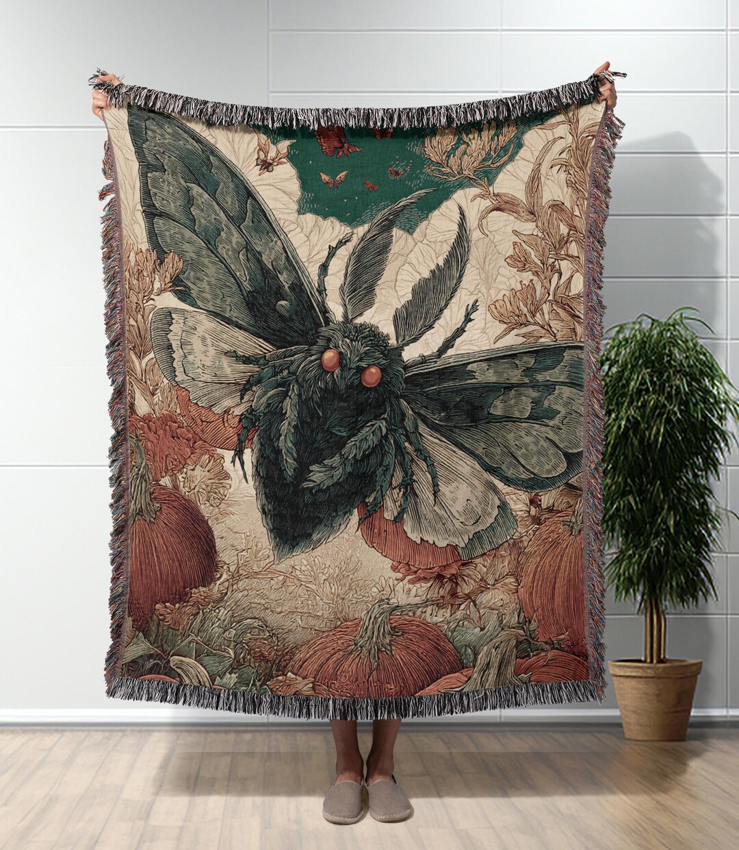 Mothman Cryptid Throw Blanket Halloween Pumpkins Spooky Woven Blanket ...