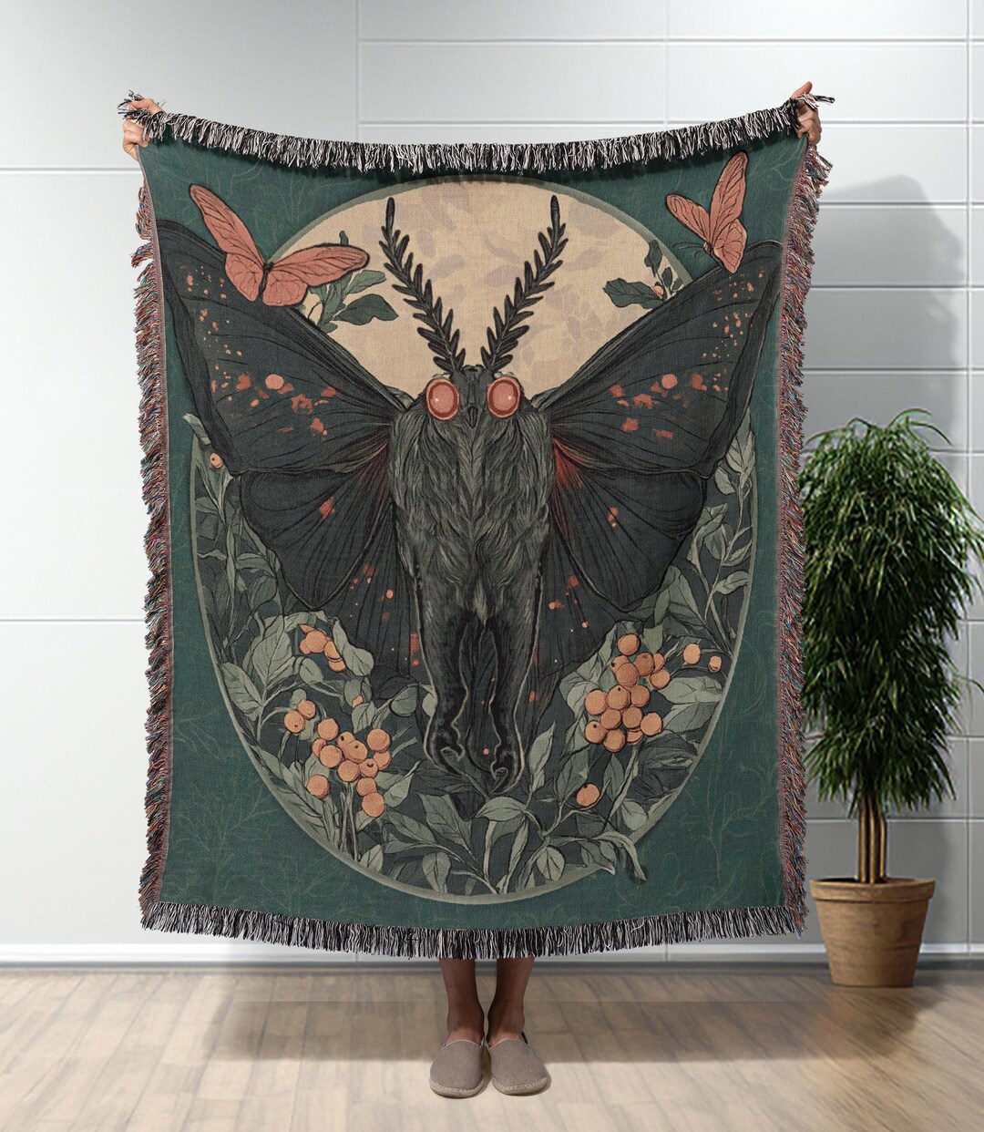 Mothman Woven Blanket Cryptid Throw Blanket Cottagecore Mothman Cotton ...