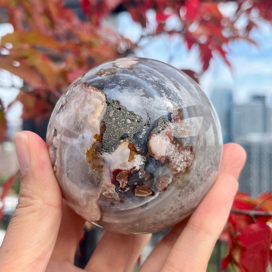 Blue Flower Agate Sphere With Quartz and Pyrite Matrix Flower Agate ...