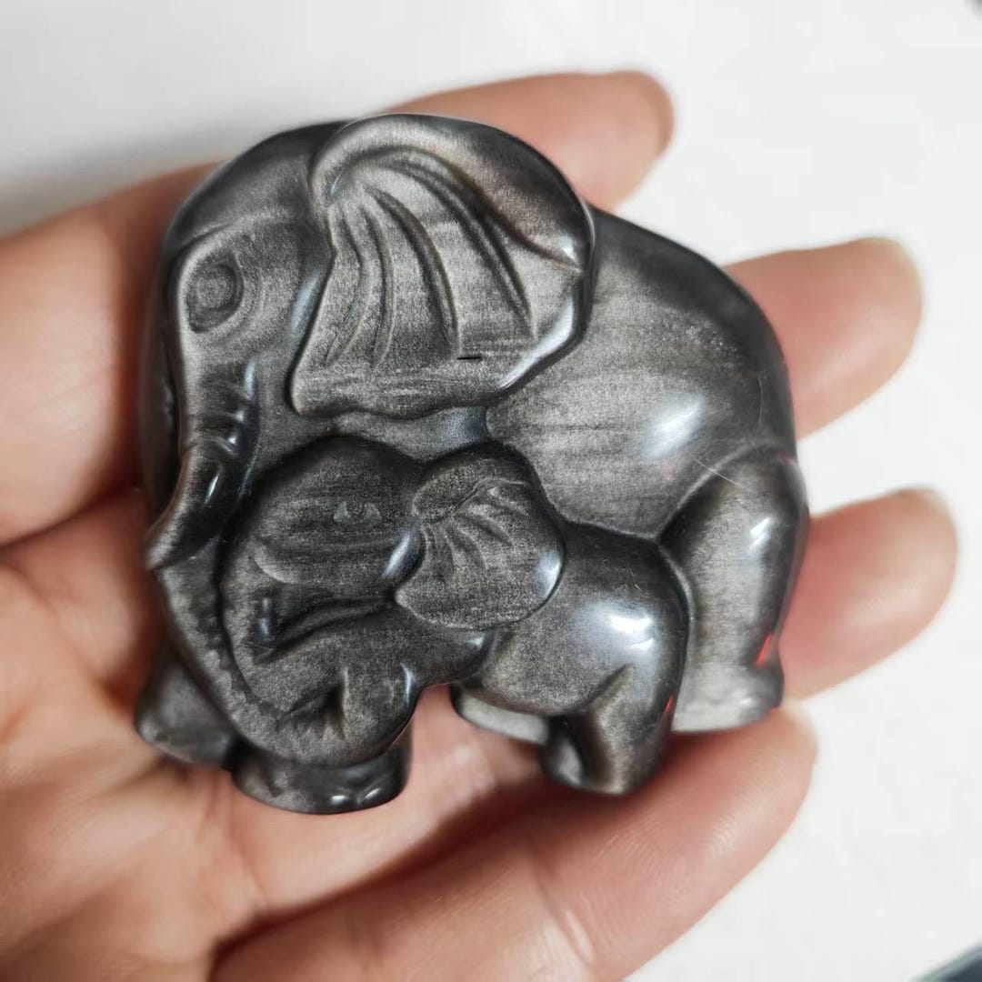 Hand Carved Obsidian Elephant Mommy and Baby Sculpture: Healing Stone ...