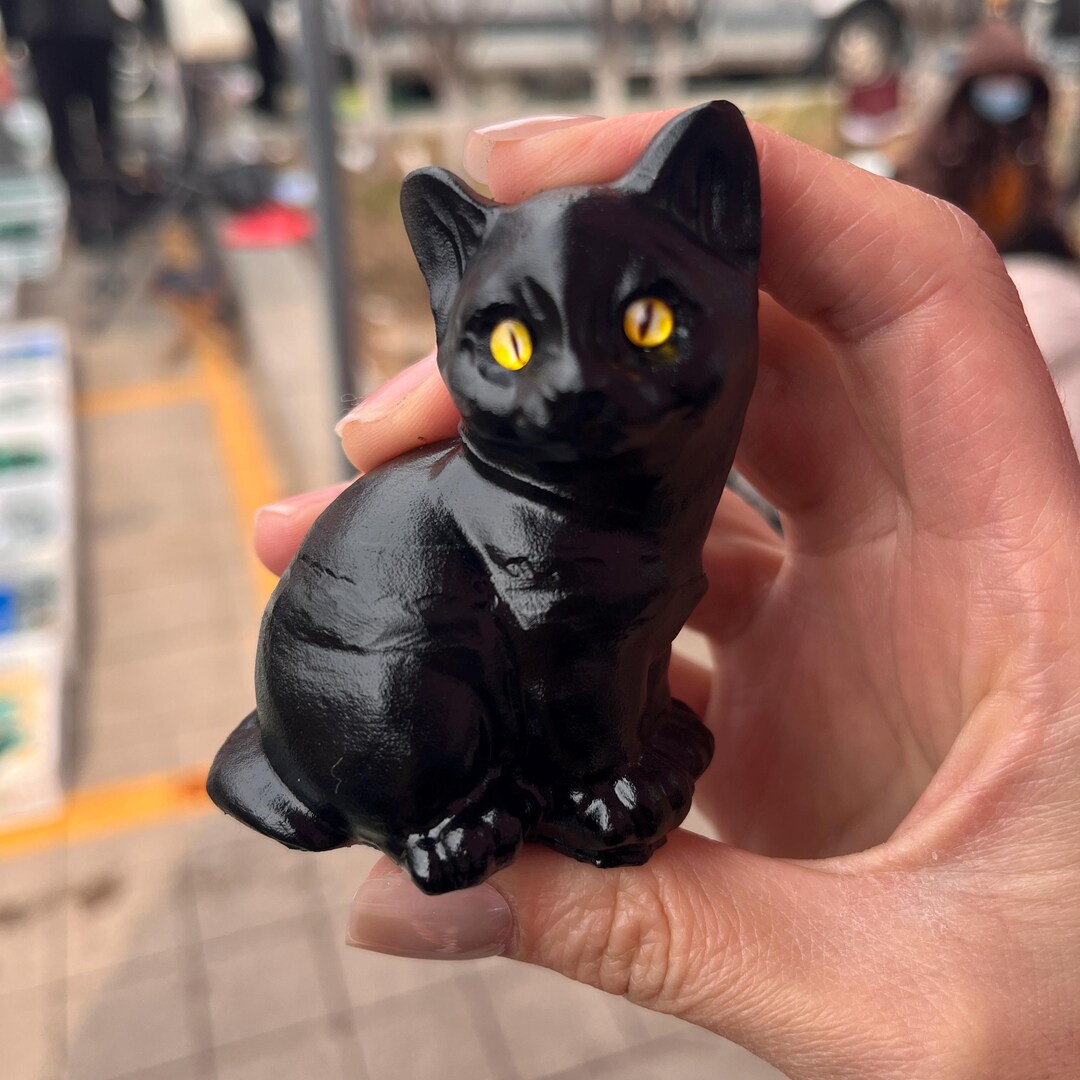 Hand Carved Black Obsidian Cat Figurine, Crystal Animal (60mm Height ...