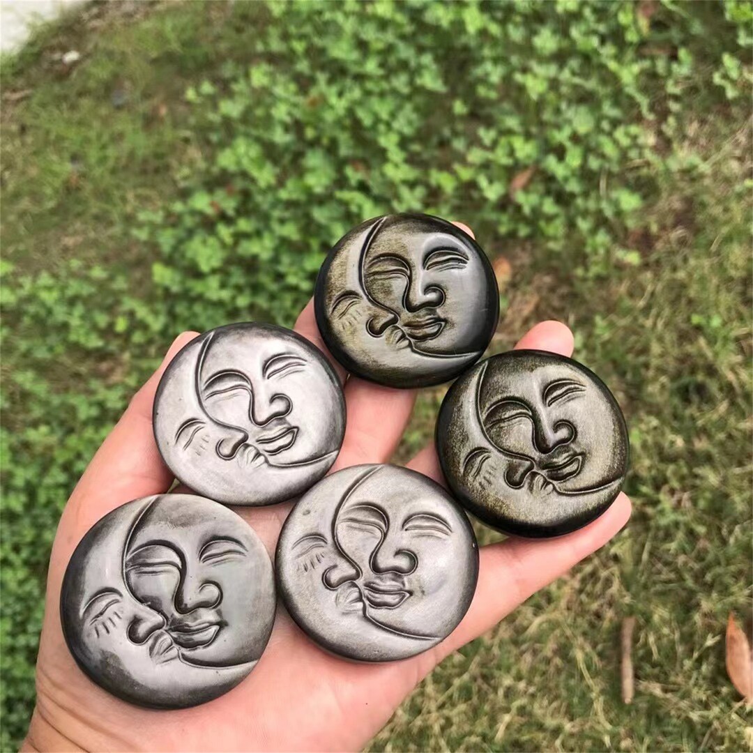 49mm Golden Obsidian Sun With Moon Face Carving Natural Stone Carving ...