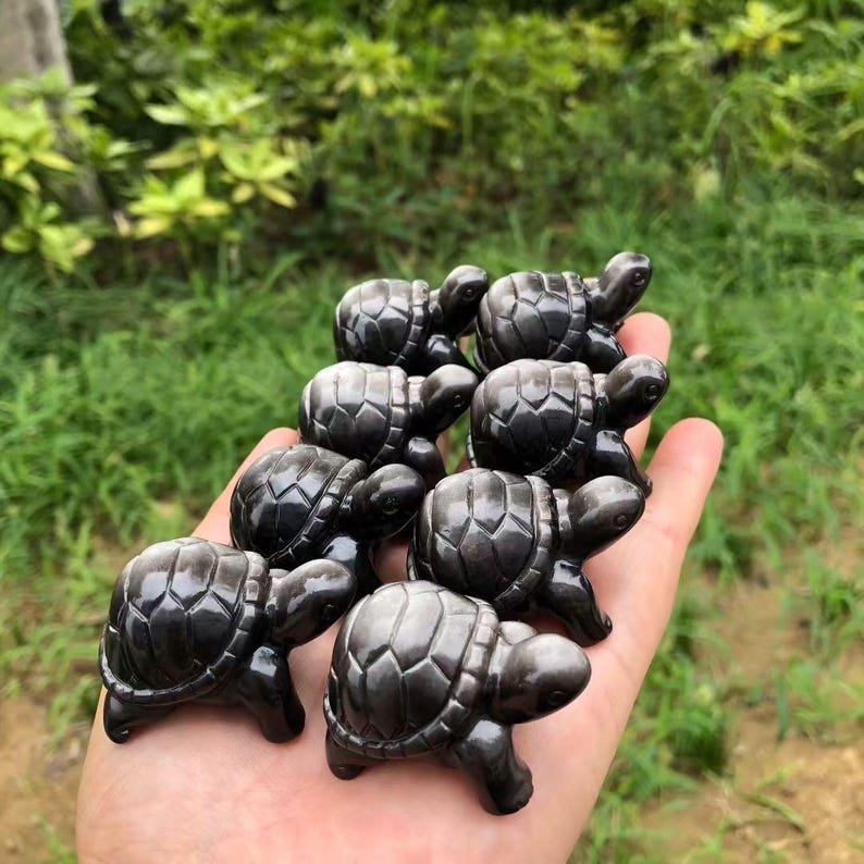 Hand Carved Silver Obsidian Turtle: Healing Crystal Animal - Etsy