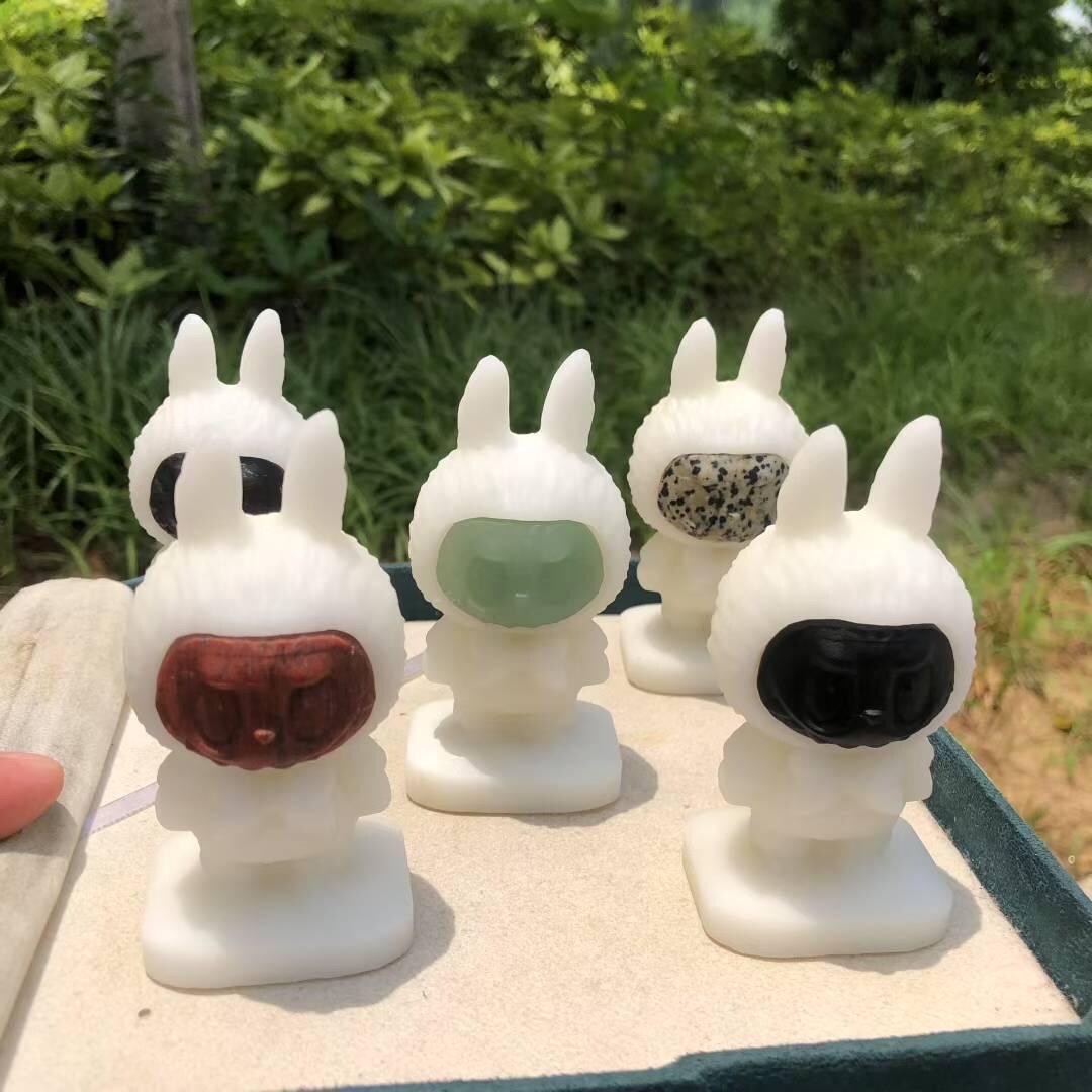 Hand Carved White Jade Labubu Crystal Figurine With Natural Stones - Etsy