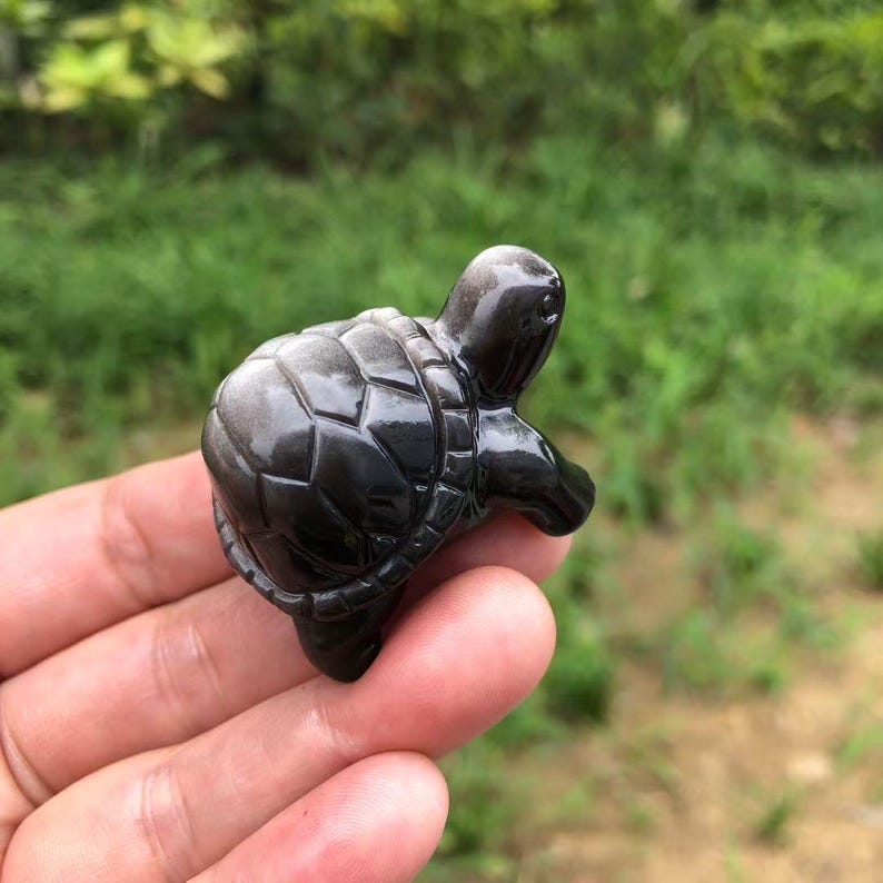 Hand Carved Silver Obsidian Turtle: Healing Crystal Animal - Etsy