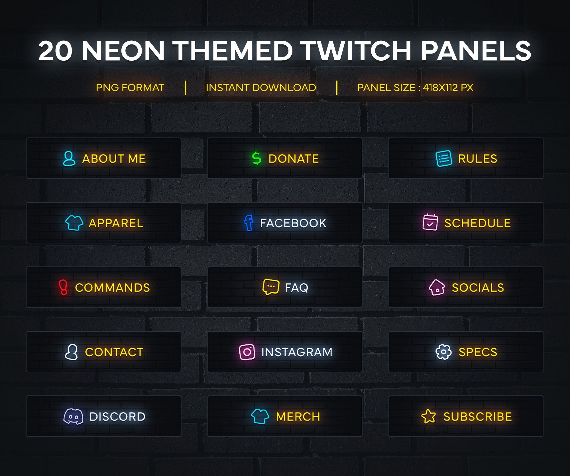 Twitch Panels Neon Minimal Stream Panels Digital Download - Etsy UK