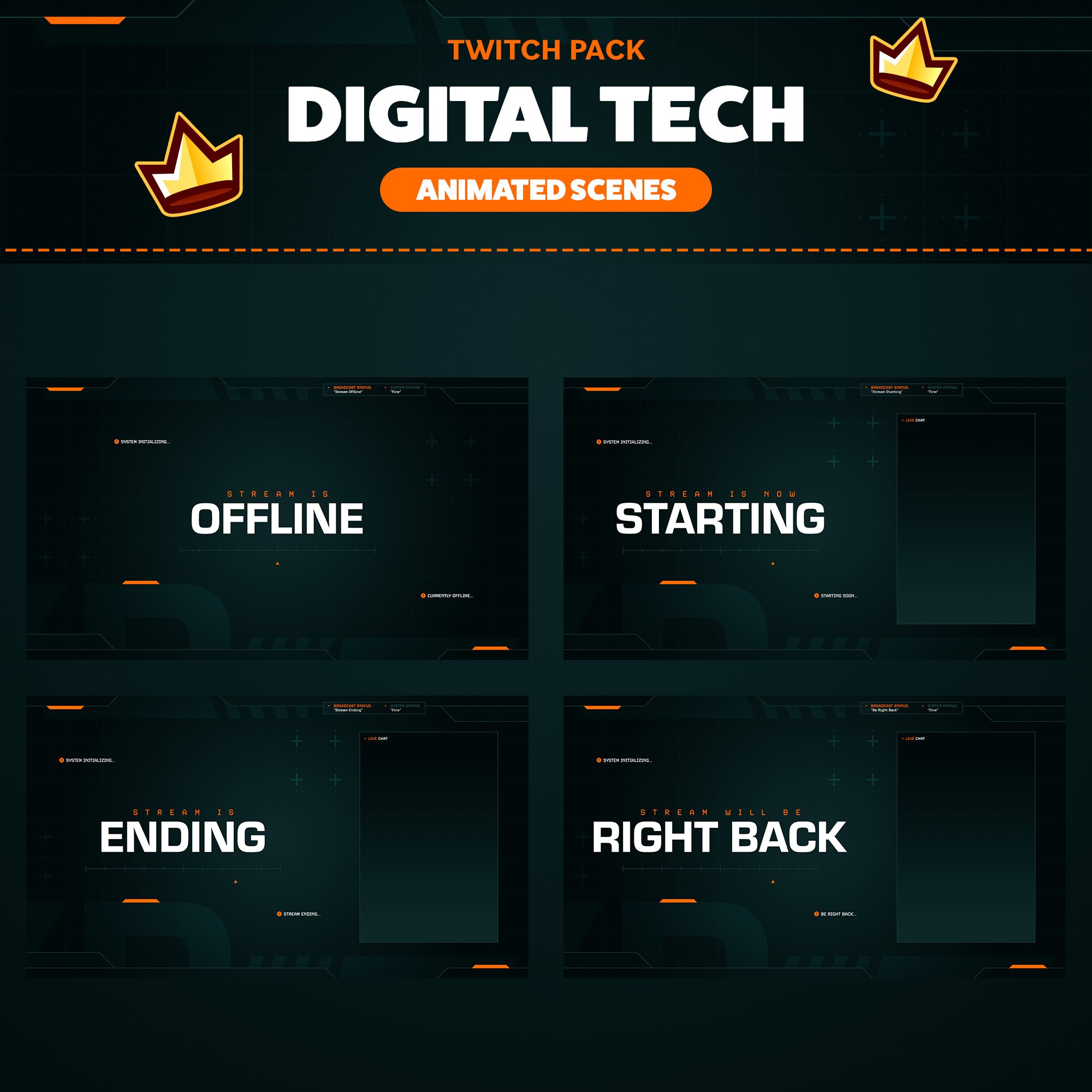 Animated Twitch Overlay Tech, Digital Orange Stream Package, Panels ...