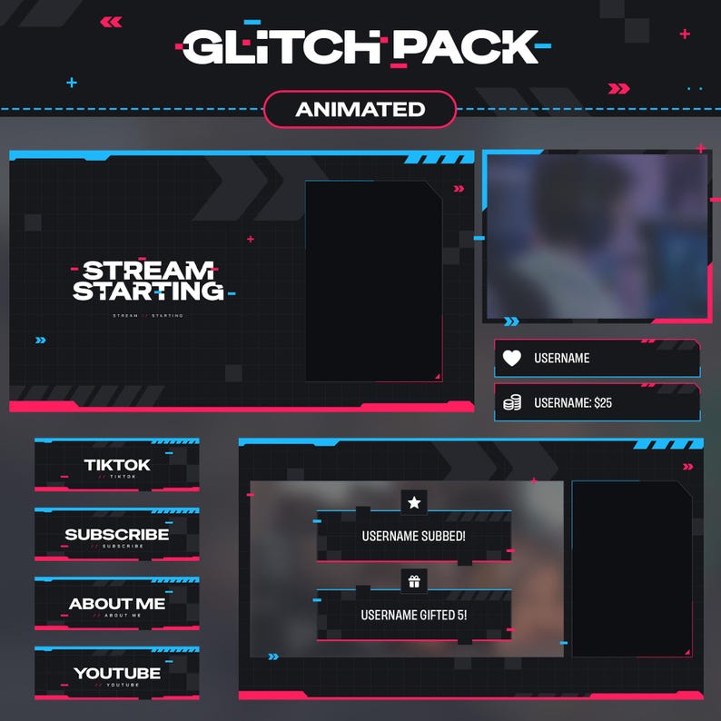 Animated Glitch Twitch Overlay Package: Stream Screens, Alerts, Panels (digital Download) - Etsy