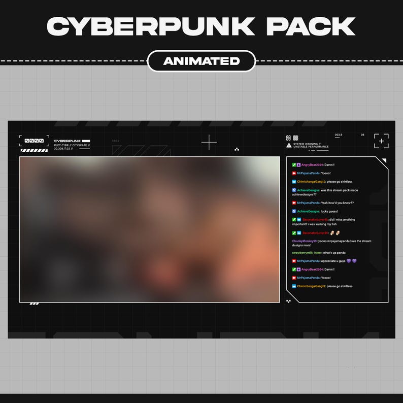 Animated Cyberpunk Twitch Overlay: Black & White Stream Package ...