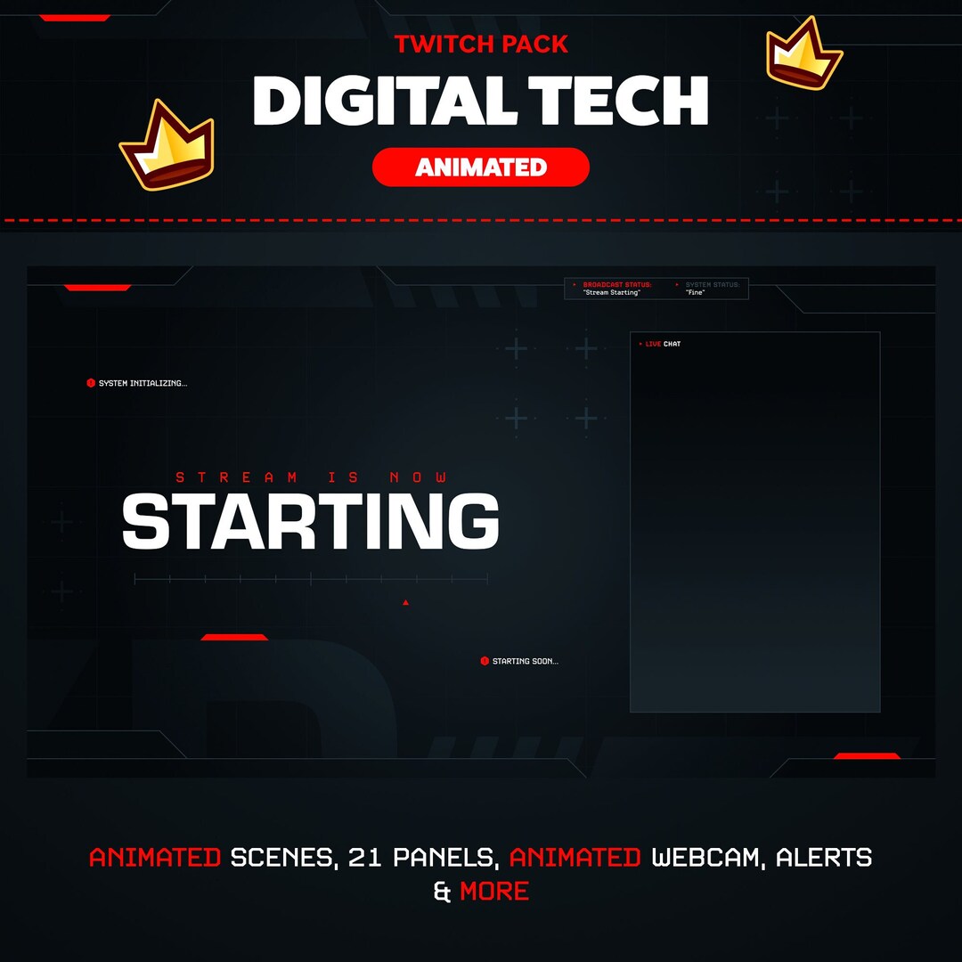 Animated Twitch Overlay Tech, Digital Red Stream Package, Panels ...