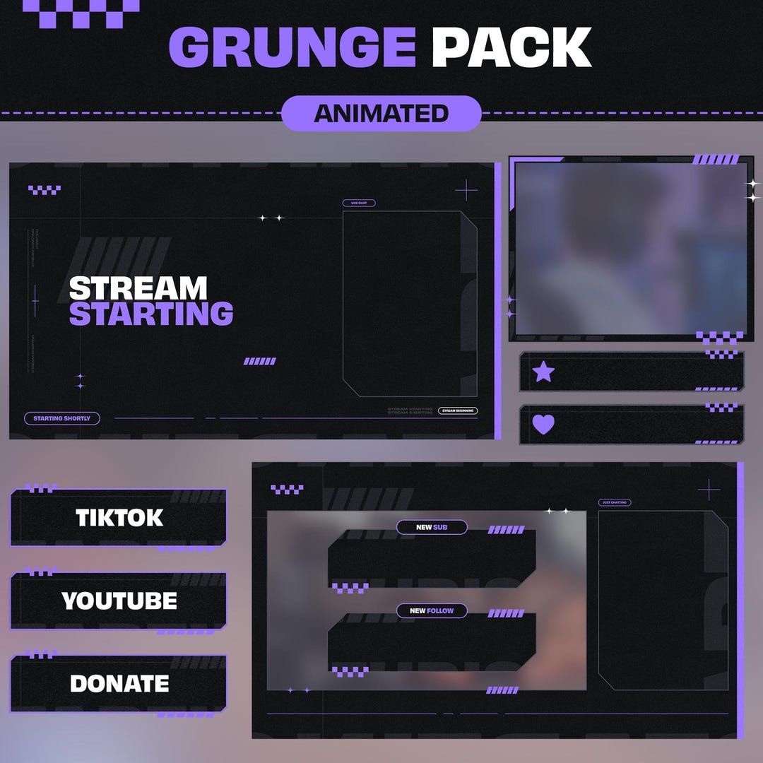 Animated Purple Grunge Twitch Overlay Pack: Stream Alerts, Panels ...