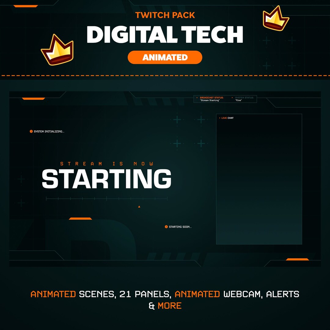 Animated Twitch Overlay Tech, Digital Orange Stream Package, Panels ...