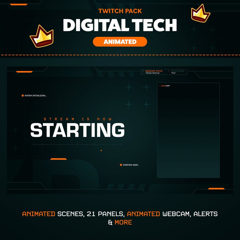 Animated Twitch Overlay Tech, Digital Orange Stream Package, Panels, Twitch Alerts, Scene ...