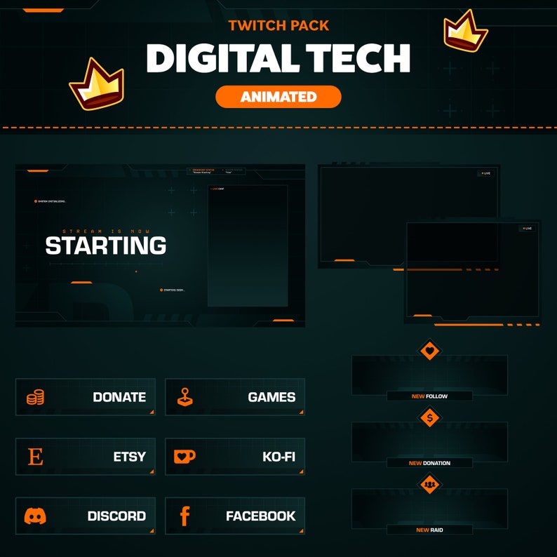 Animated Twitch Overlay Tech, Digital Orange Stream Package, Panels ...