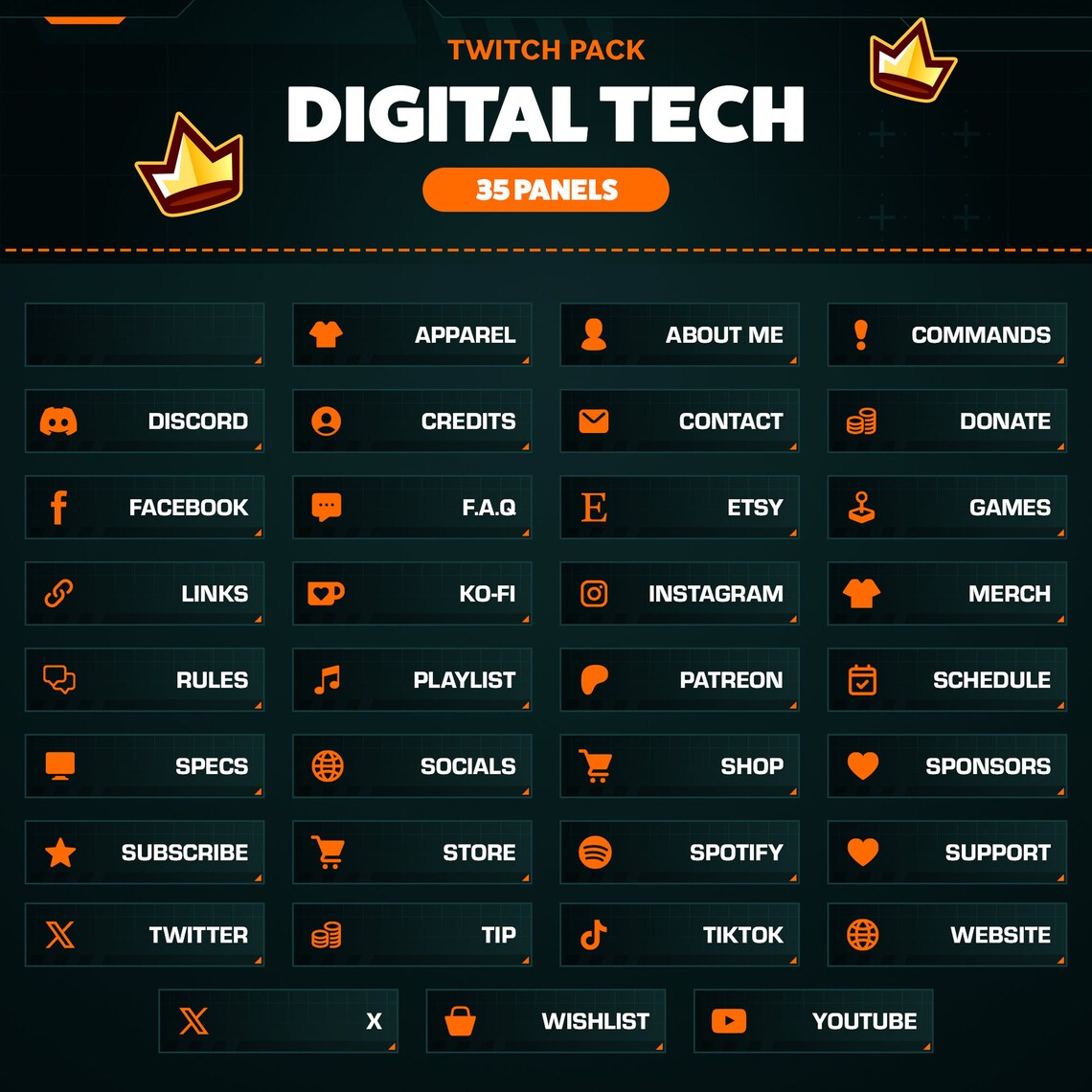 Animated Twitch Overlay Tech, Digital Orange Stream Package, Panels ...