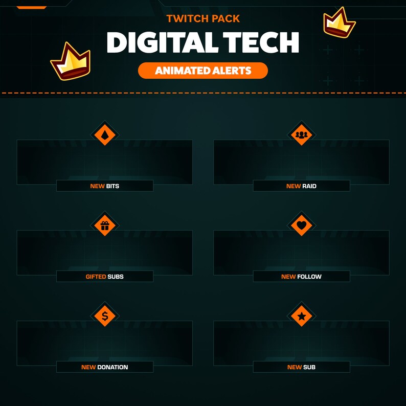 Animated Twitch Overlay Tech, Digital Orange Stream Package, Panels ...