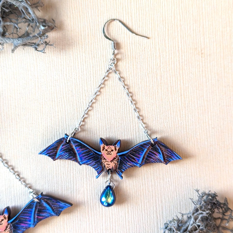 Flying Bat Gothic Halloween Hand-painted Wood Earrings - Etsy