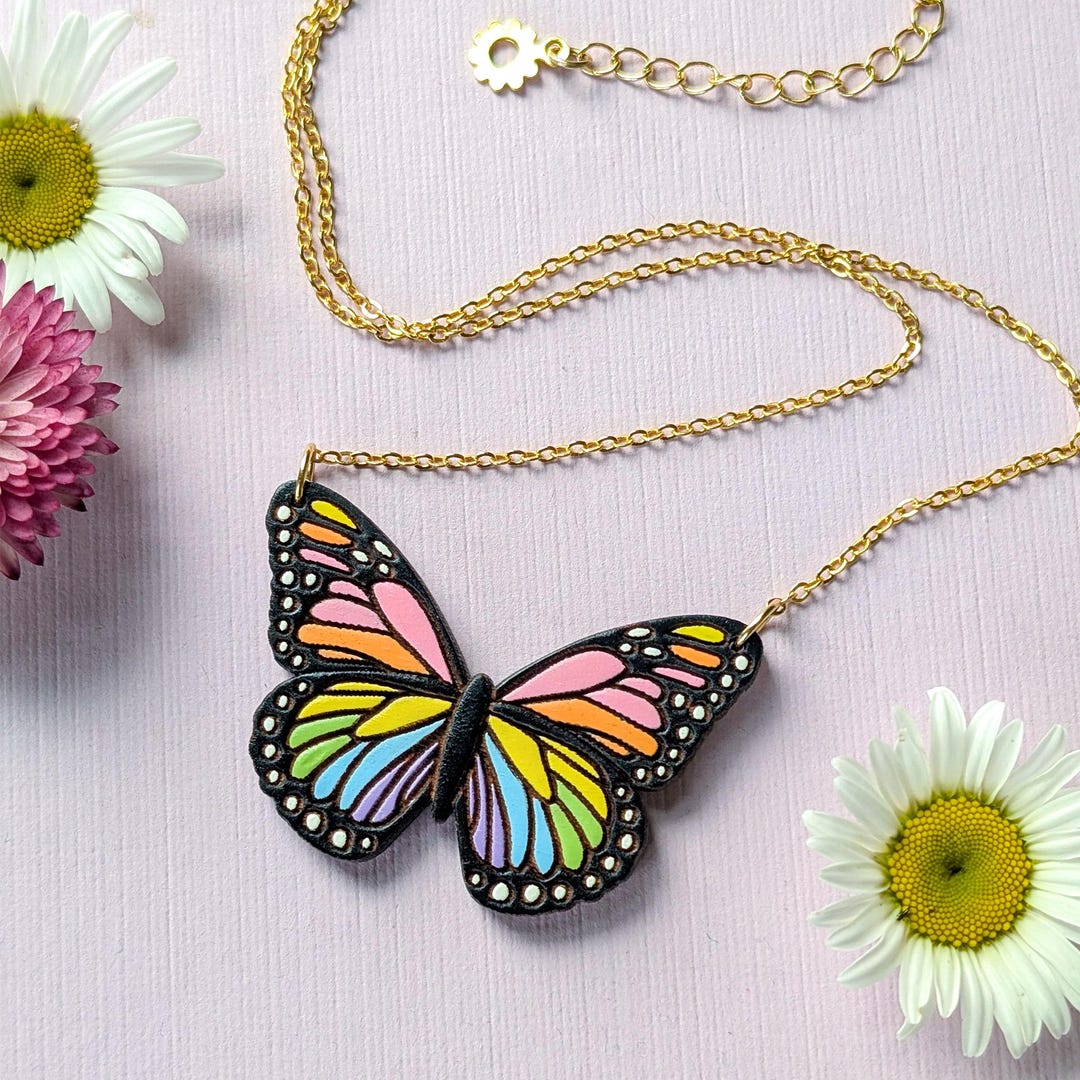 Rainbow Pride Butterfly LBGTQ+ Hand-painted Wood Necklace - Etsy