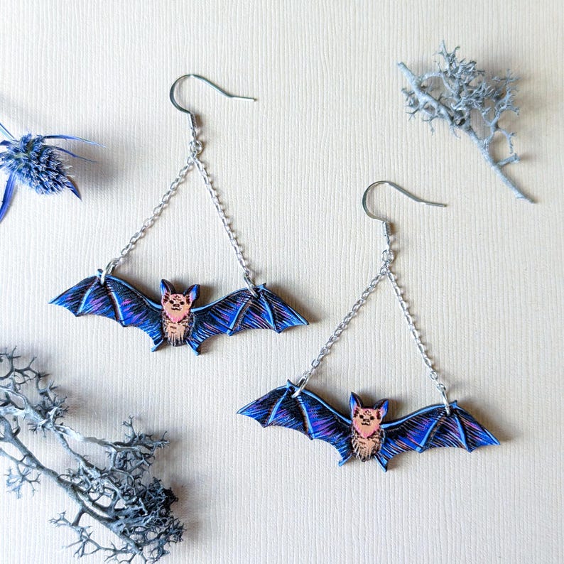 Flying Bat Gothic Halloween Hand-painted Wood Earrings - Etsy