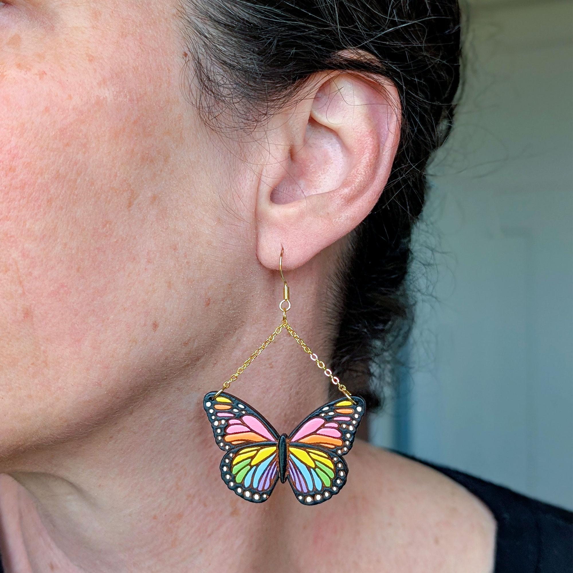 Rainbow Pride Butterfly LBGTQ+ Hand-painted Wood Earrings - Etsy