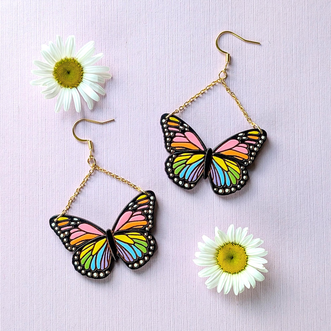 Rainbow Pride Butterfly LBGTQ+ Hand-painted Wood Earrings - Etsy