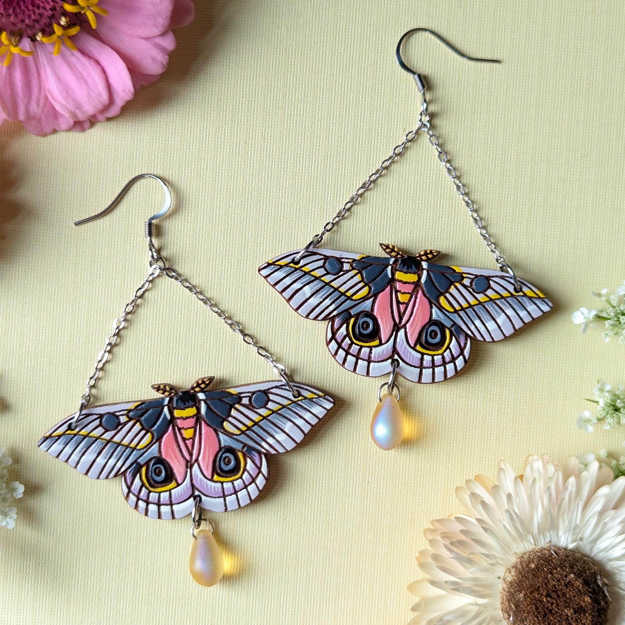 Pink Silk Moth 'automeris Frankae' Hand-painted Wood Earrings - Etsy