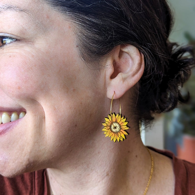 Golden Sunflower Hand-painted Wood Hoop Earrings - Etsy