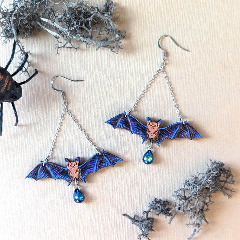 Flying Bat Gothic Halloween Hand-painted Wood Earrings - Etsy