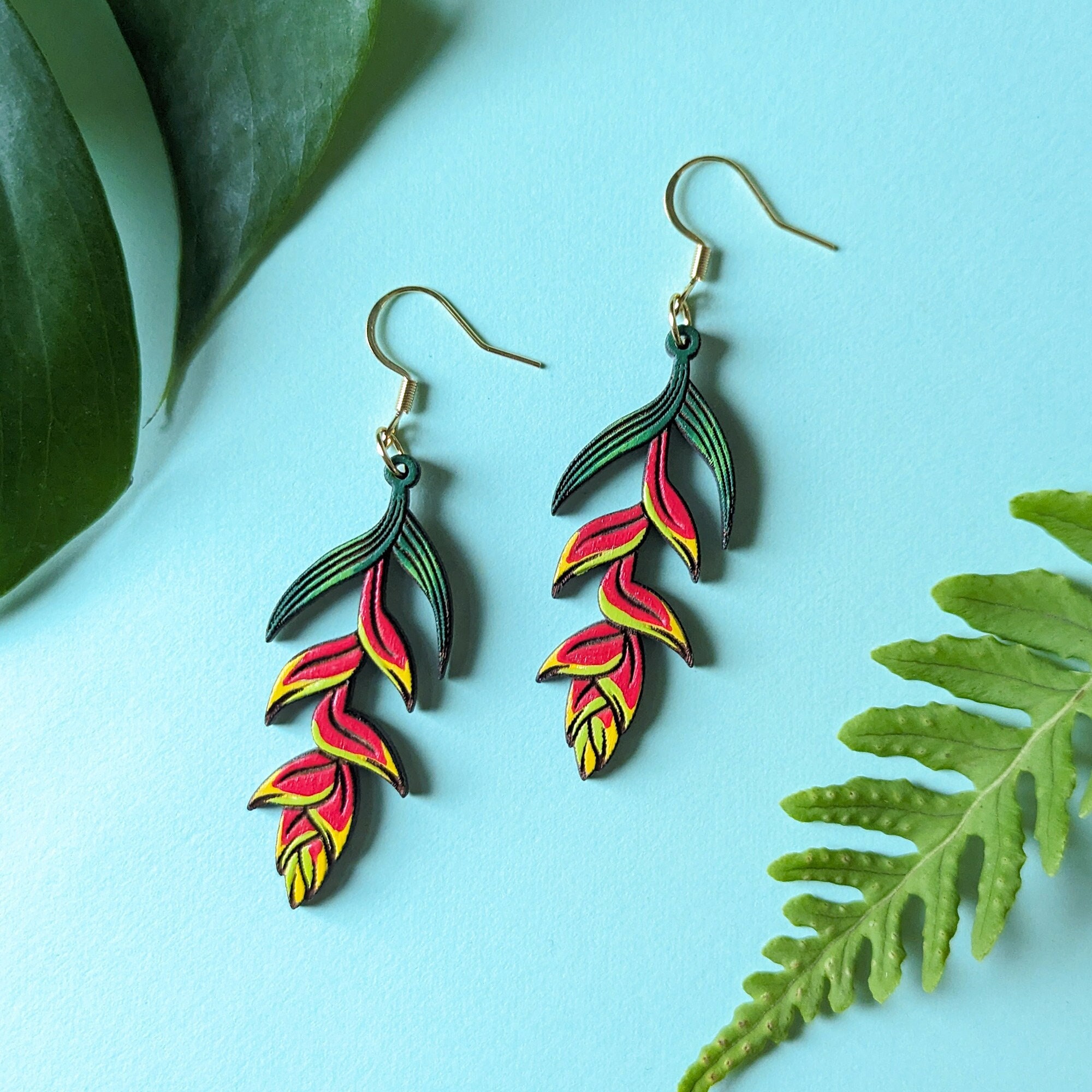 Tropical Heliconia Rostrata Plant Hand Painted Wood Earrings - Etsy