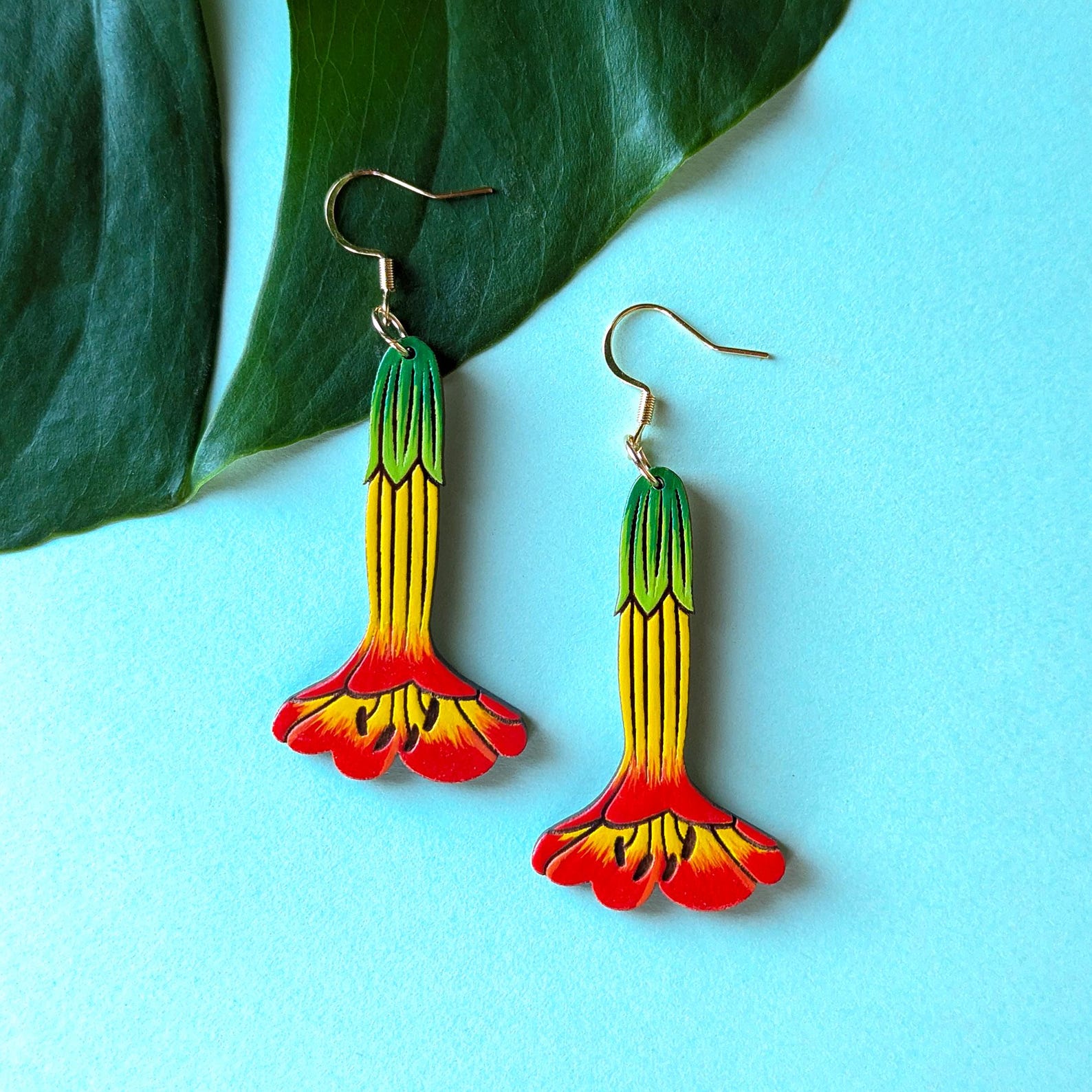 Bolivian National Kantuta Flower Hand-painted Wood Earrings - Etsy