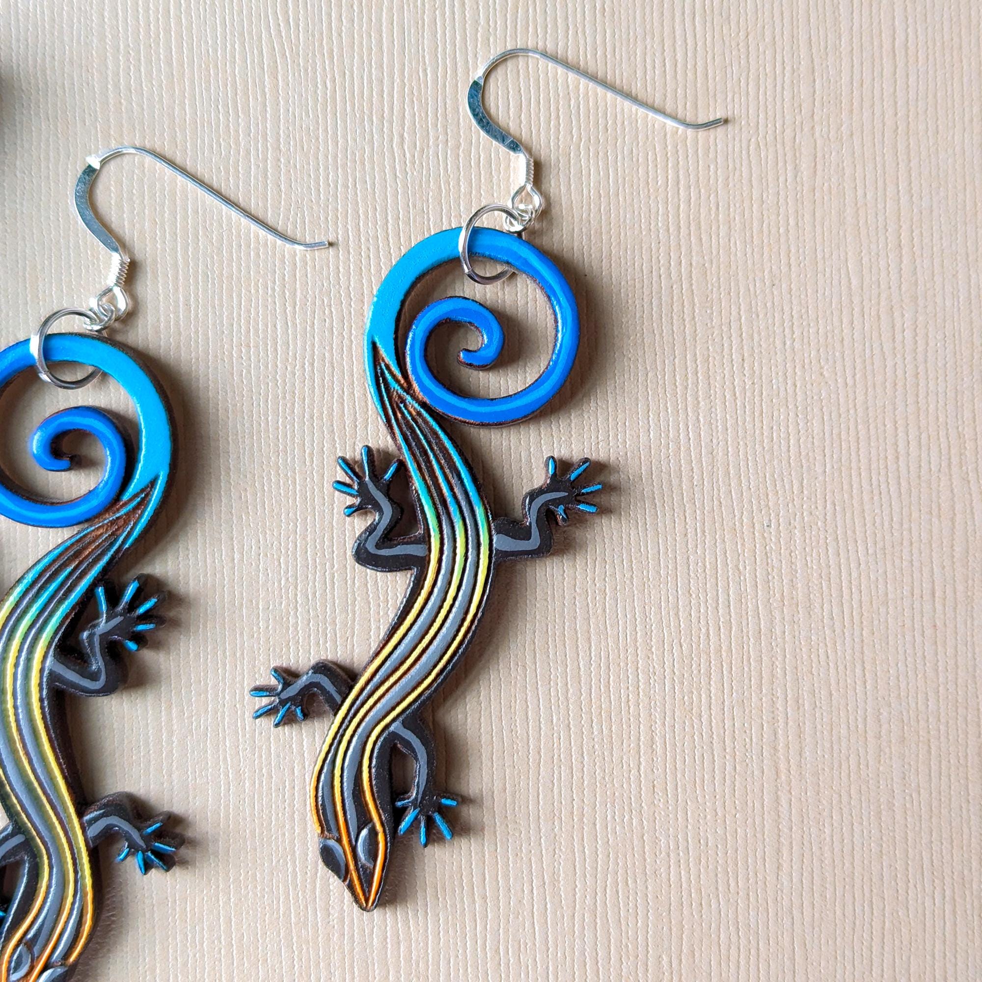 Blue-tailed Skink Lizard Hand-painted Wood Earrings - Etsy