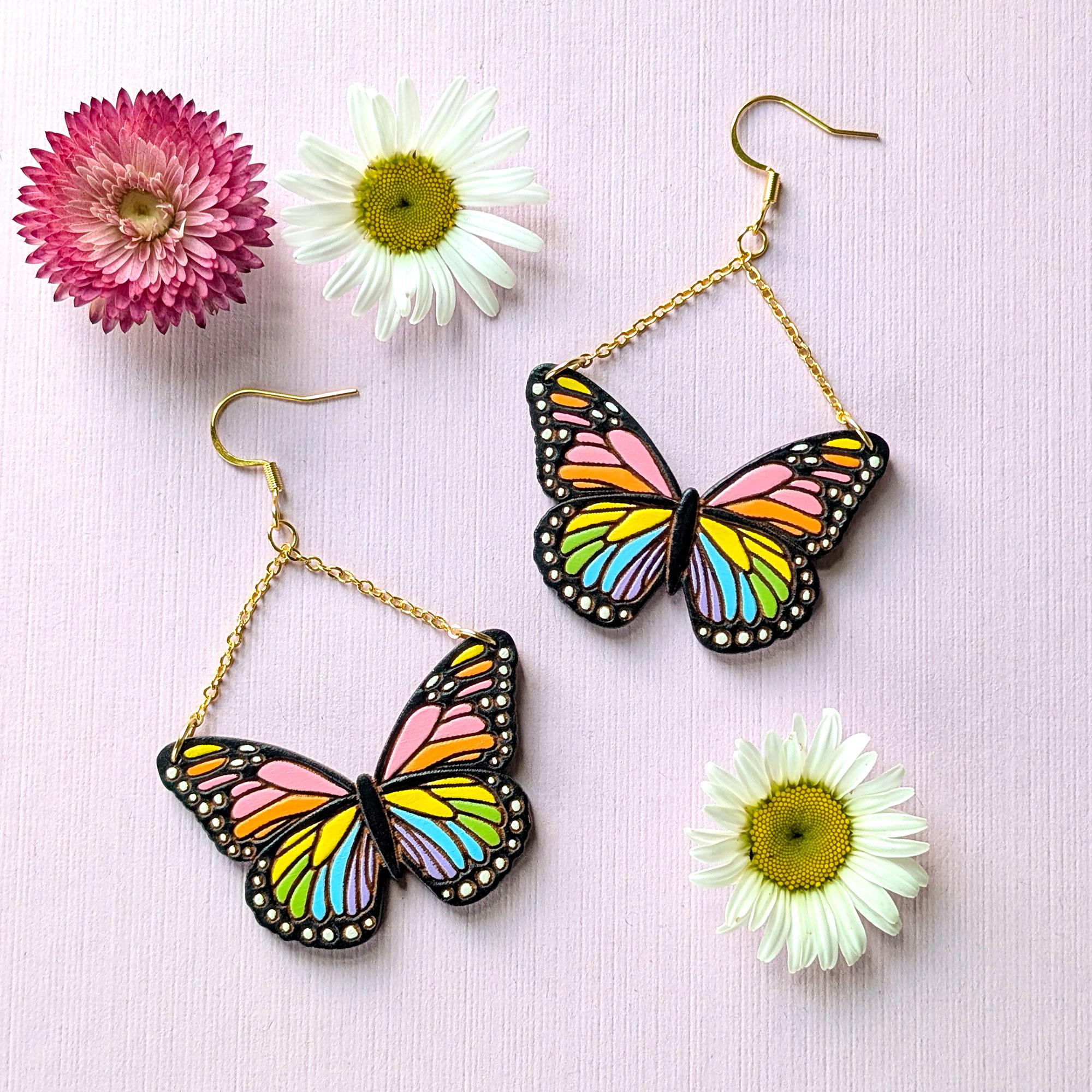 Rainbow Pride Butterfly LBGTQ+ Hand-painted Wood Earrings - Etsy
