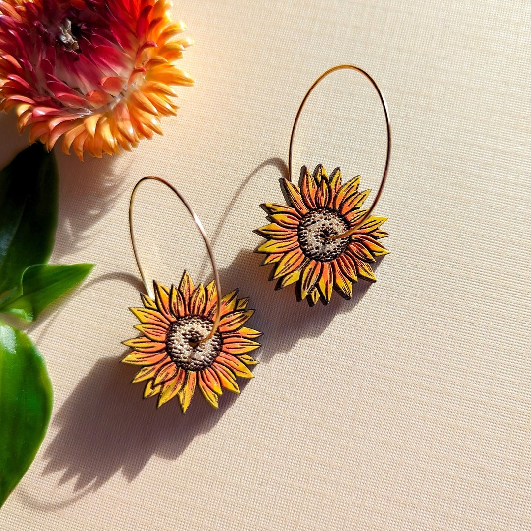 Golden Sunflower Hand-painted Wood Hoop Earrings - Etsy