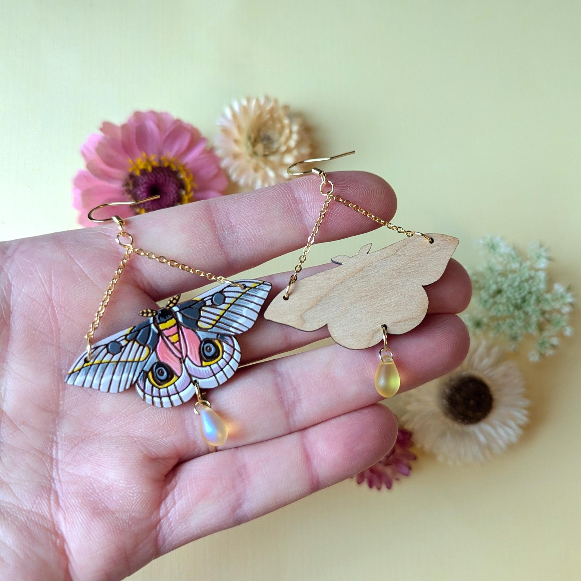 Pink Silk Moth 'automeris Frankae' Hand-painted Wood Earrings - Etsy