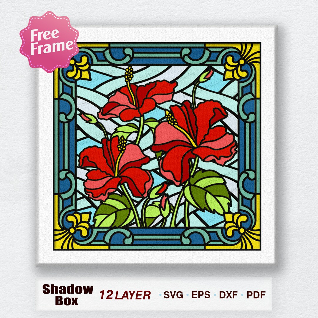 Stained Glass Hibiscus Shadow Box Svg, Stained Glass Hibiscus Light Box ...