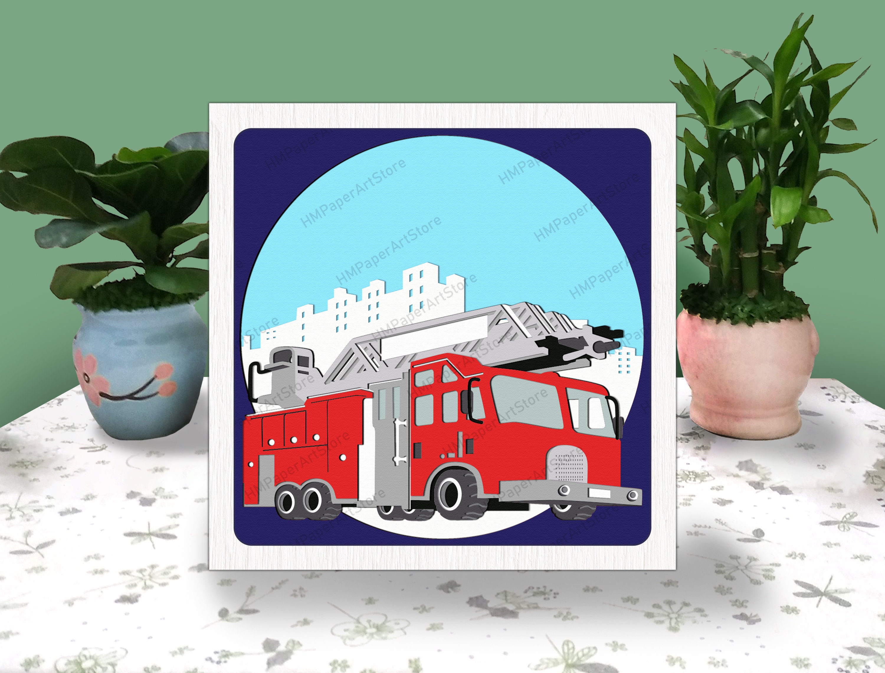 US Fire Truck 3D Box Paper Cut Light Box Svg, Fire Fighter Shadow Box ...