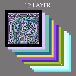 Blue Iris Stained Glass Shadow Box Svg, Blue Iris Stained Glass 3D Box ...