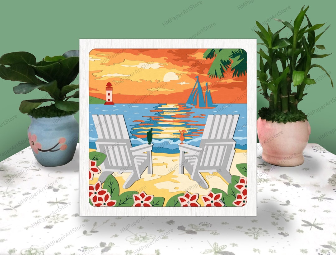 Beach Sunset 3D Box Paper Cut Light Box SVG, Camping Shadow Box SVG ...