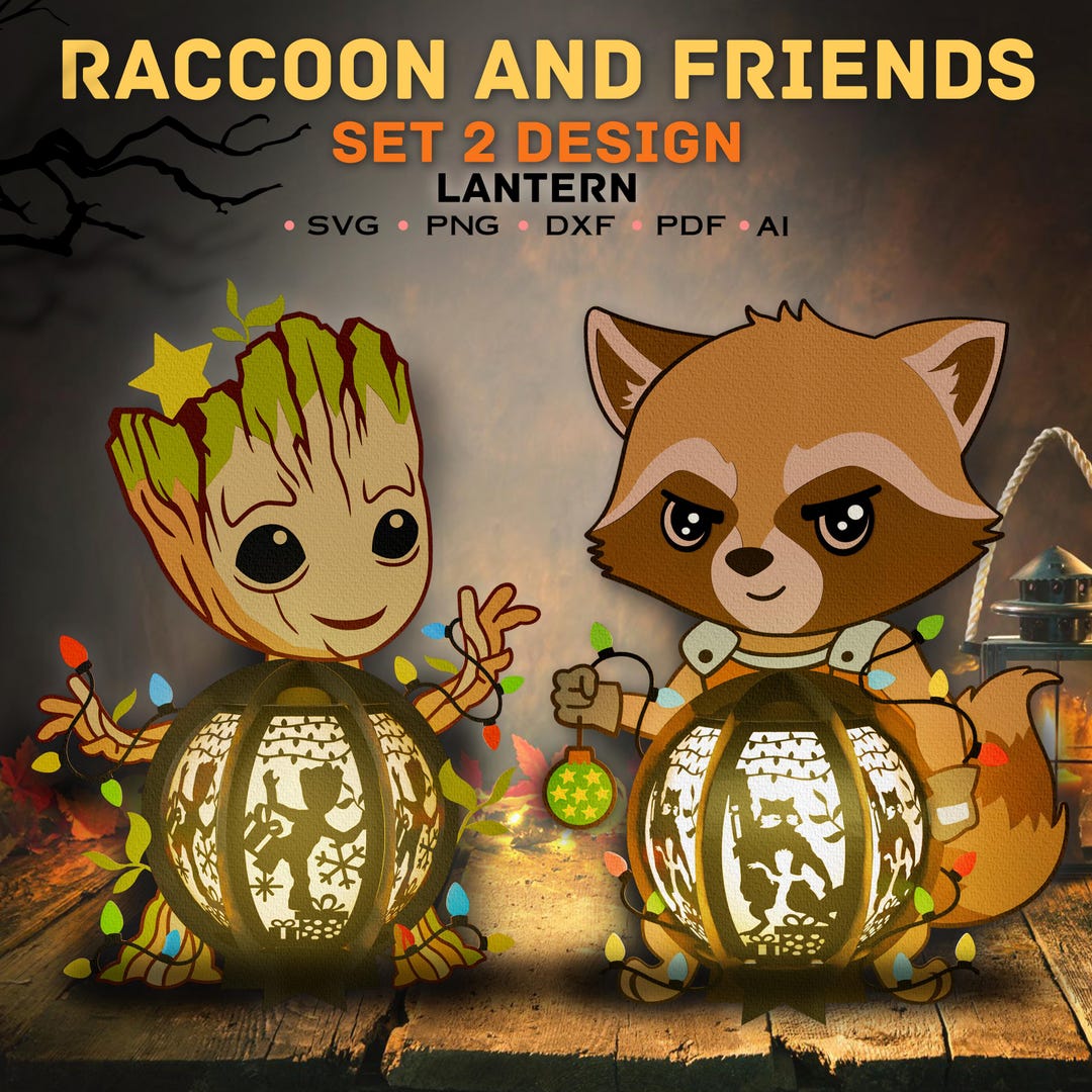 Bundle Cartoon Raccoon and Friends Lantern Paper Cut ,raccoon Shadow ...