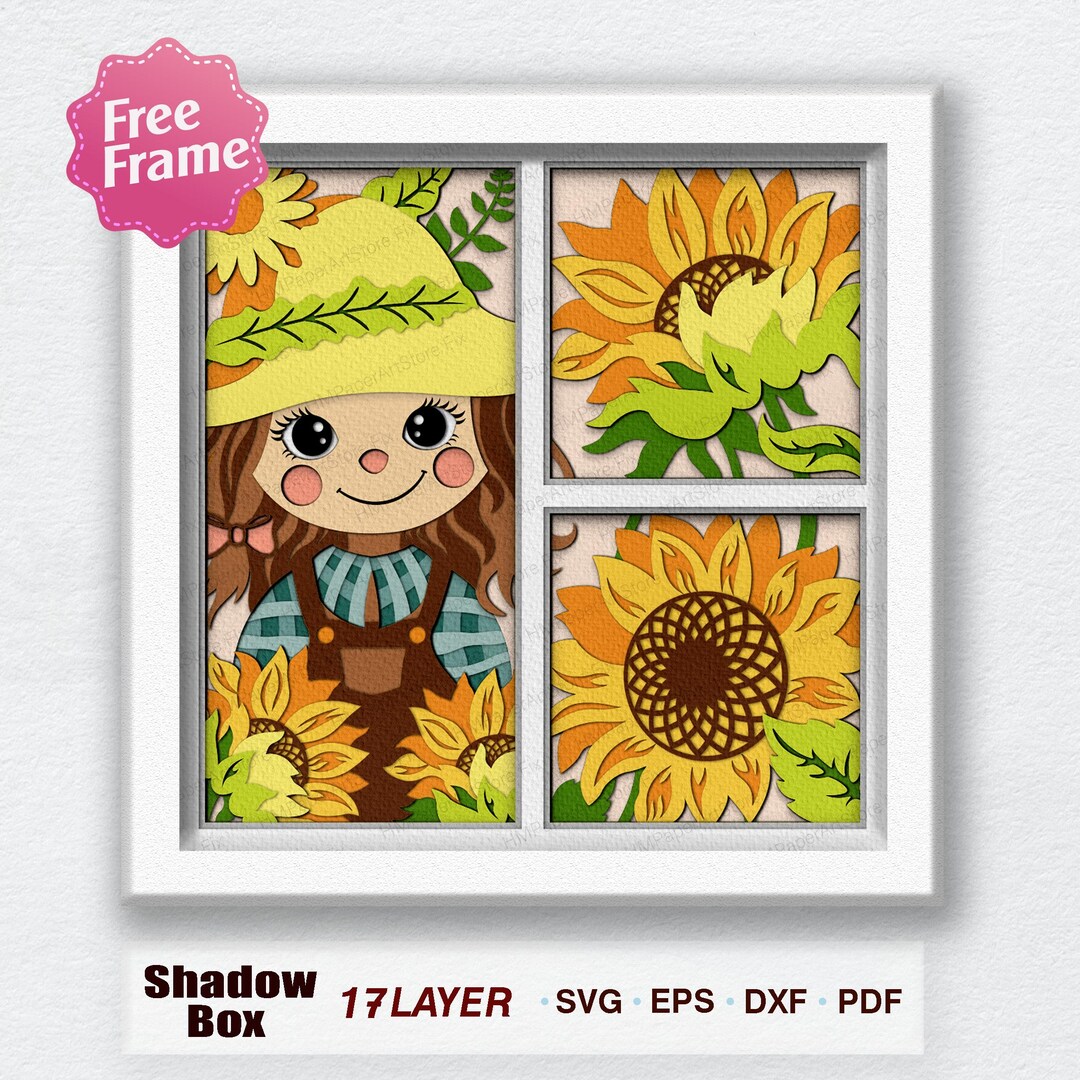 Cute Sunflower Girl Shadow Box Svg, Sunflower Girl SVG, Cute Sunflower ...