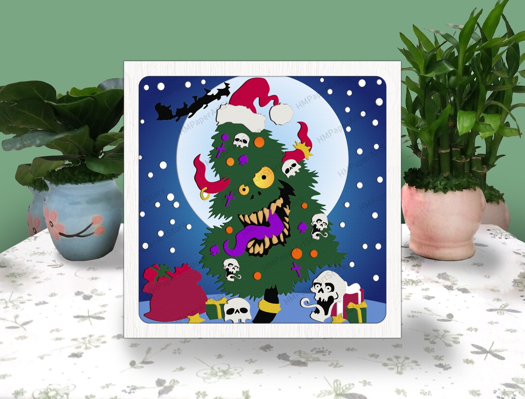 Horror Christmas Tree 3D Box Paper Cut Angry Pinetree Light Box Svg ...