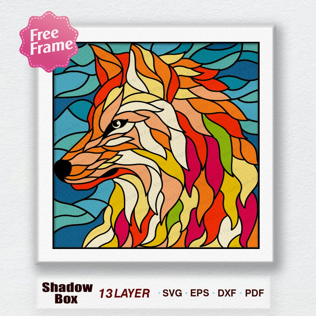 Stained Glass Wolf Shadow Box Svg, Wolf Stained Glass 3D Box, Stained ...