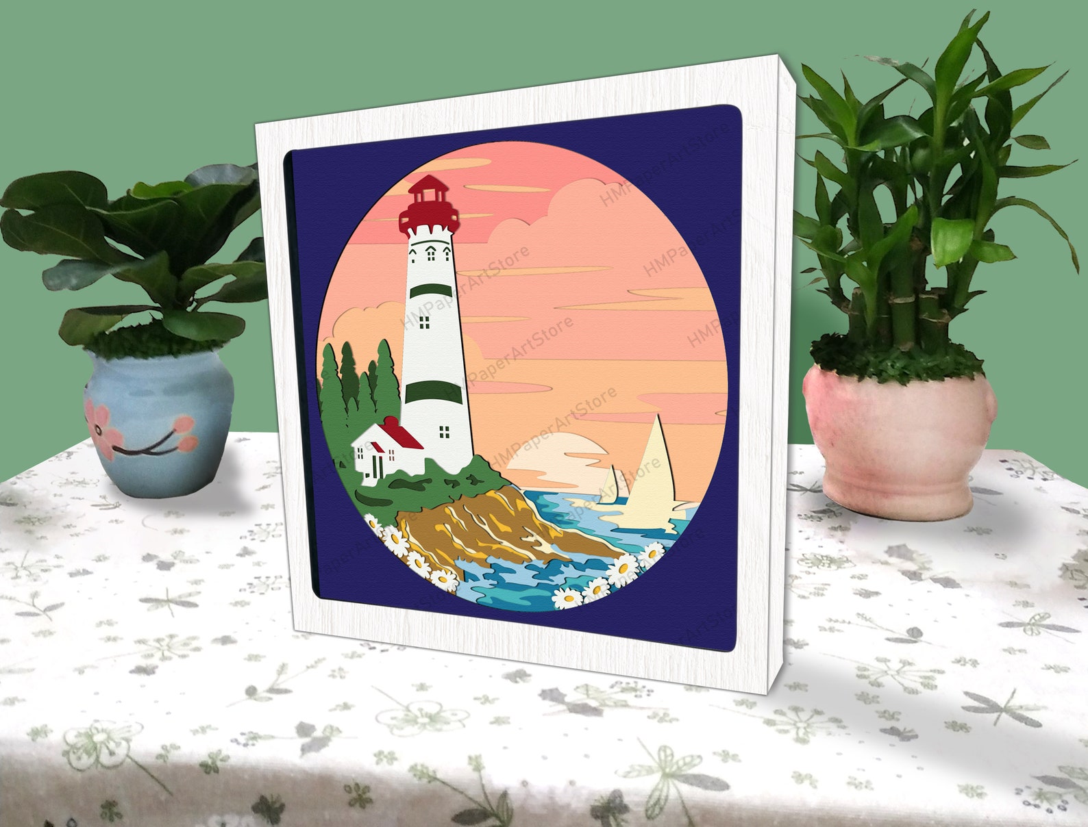LIGHTHOUSE 3D Box Paper Cut Light Box SVG, Lighthouse Sunset Shadow Box ...